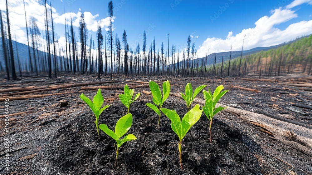 Forest regenerating after wildfire, lush growth emerging, climate ...