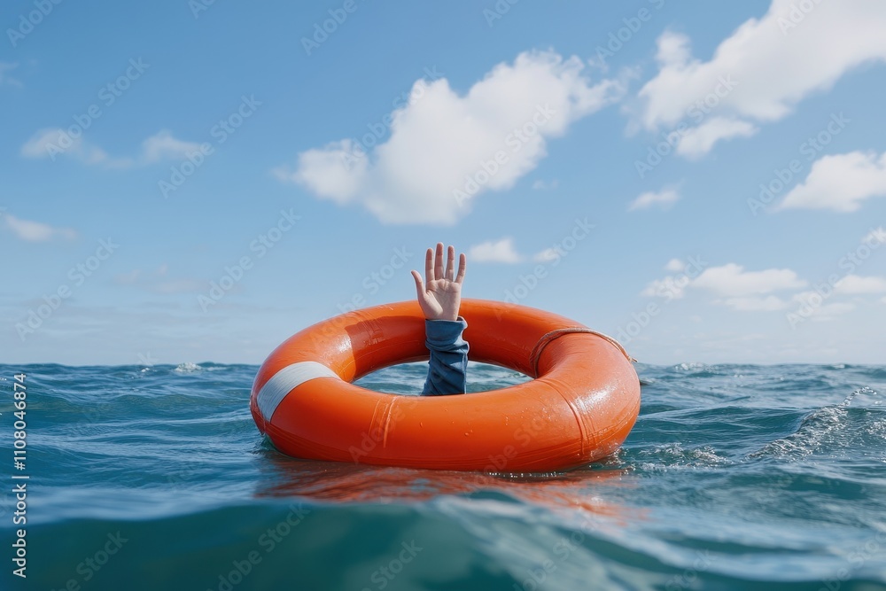Hand raised through a life preserver in the ocean, illustrating rescue ...