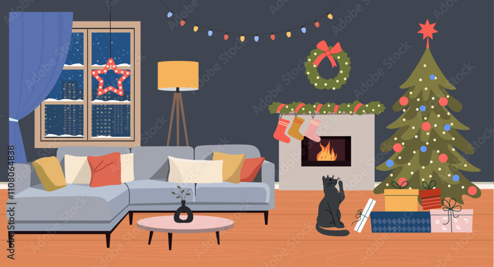 Living room Christmas interior. Comfortable sofa, fireplace, window and ...