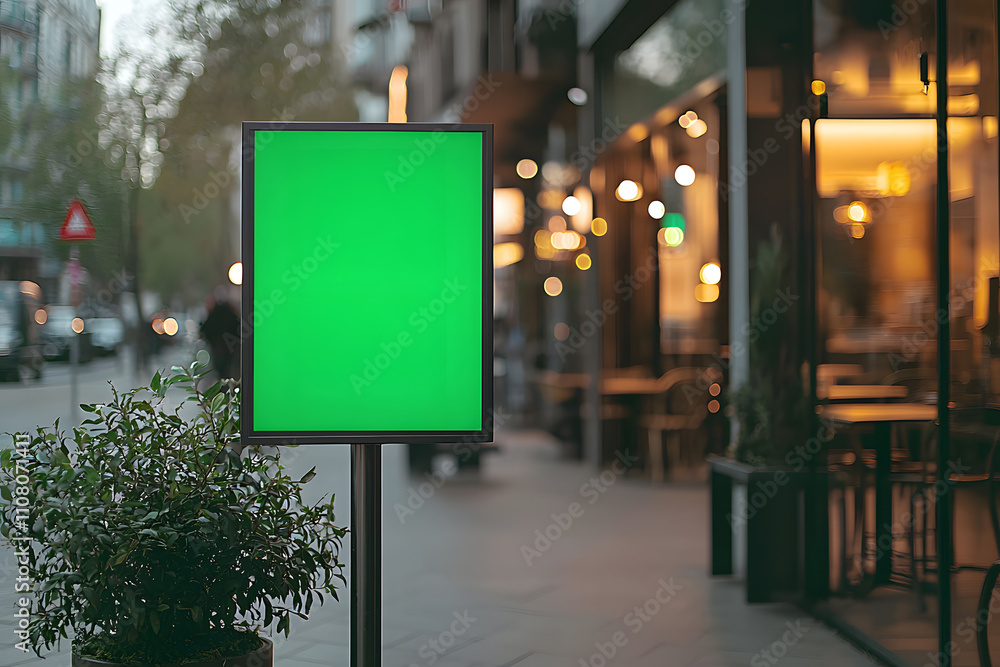 Illuminated blank green screen signboard outside a cafe, ready for ...