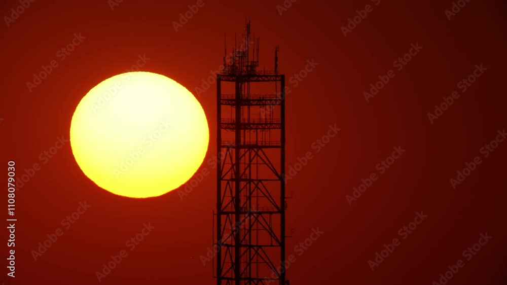 Bright sunset sun behind silhouette of American city downtown ...