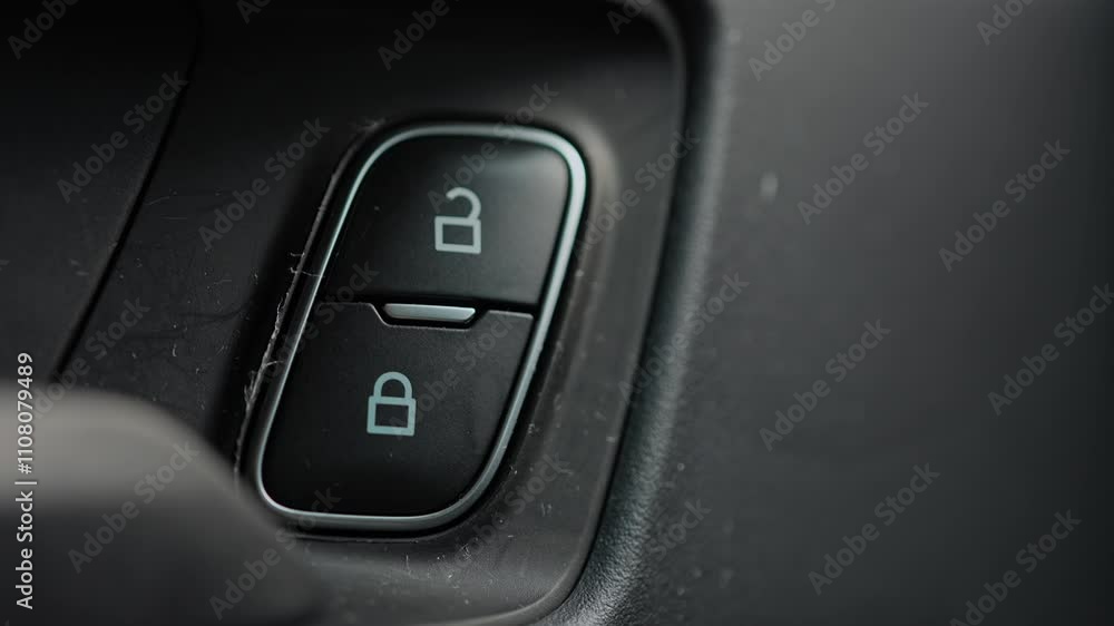 Driver press lock button for locking the vehicle door. Person push car ...