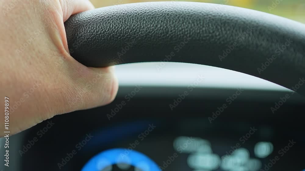 Male driver put hand on the steering wheel of a car macro close up ...