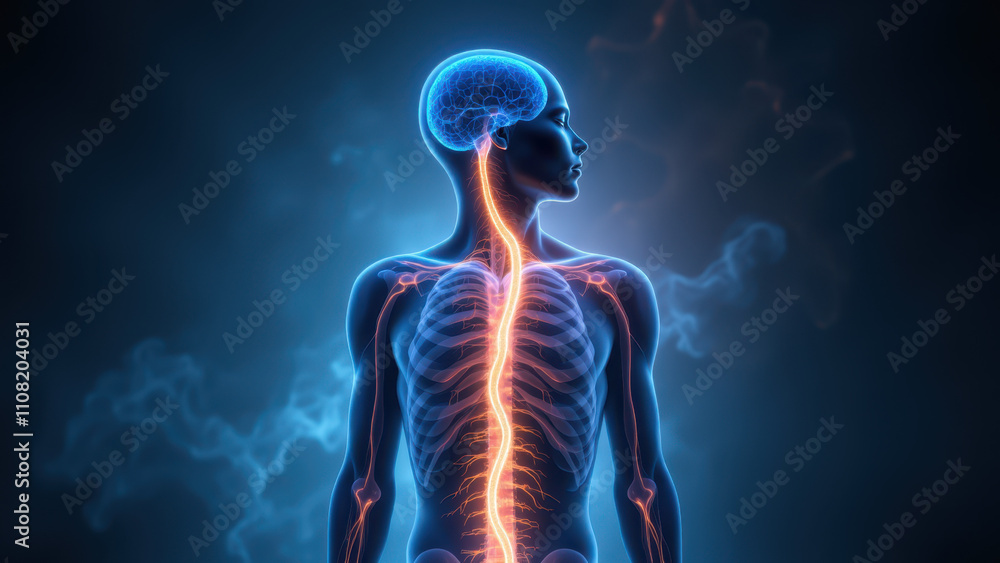Vagus Nerve Stimulation with glowing nerves and a human head silhouette ...
