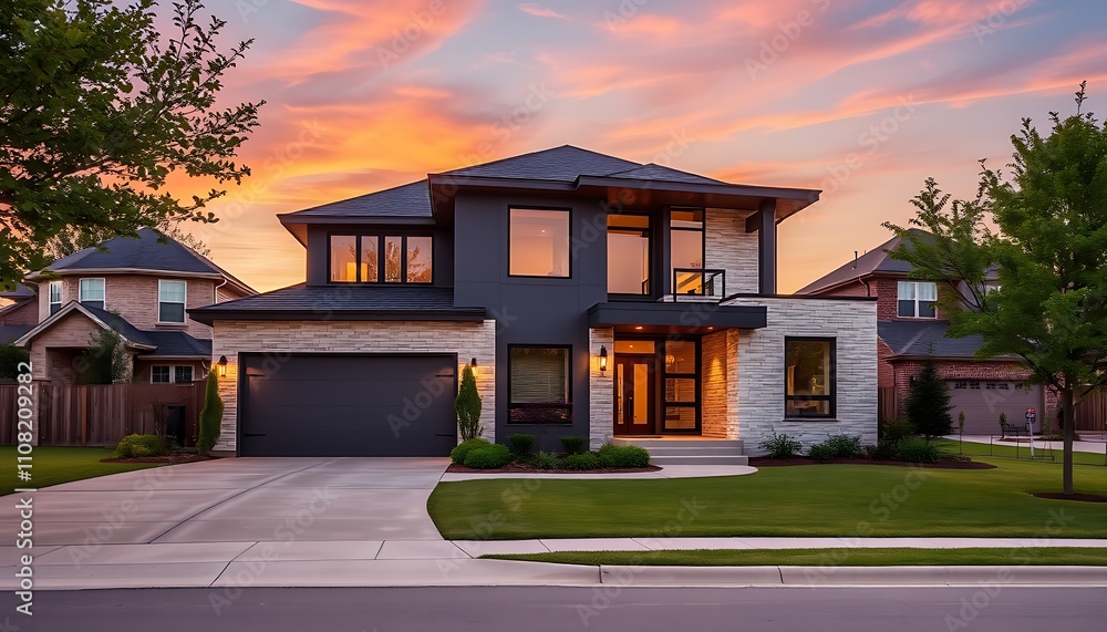 "A modern suburban home wallpaper featuring a two-story house with a ...