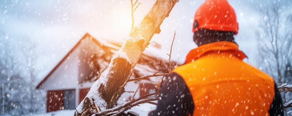 House insurance concept. A winter storm causing tree branches to fall ...