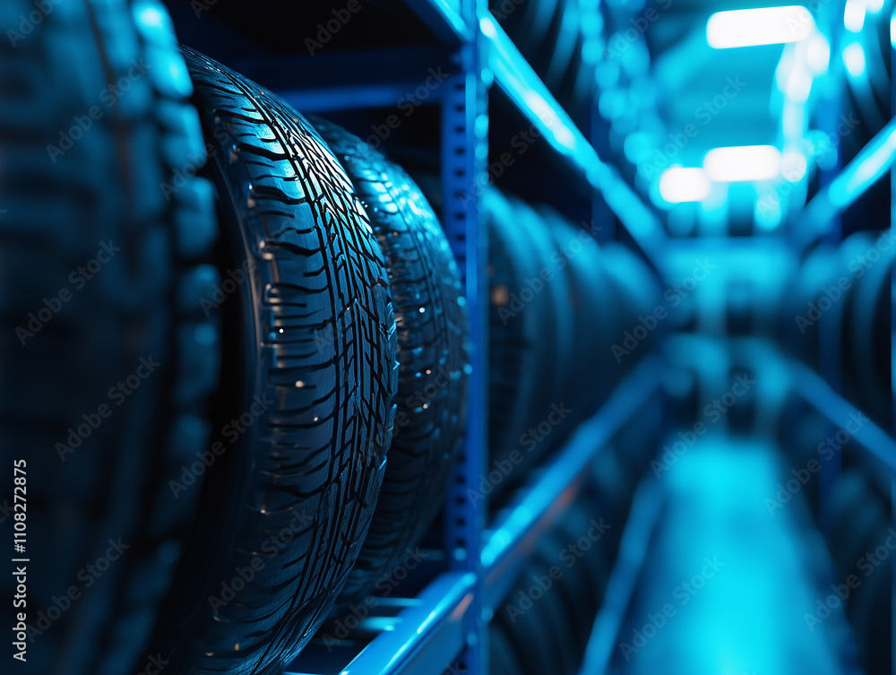 Tire storage area with organized shelves and dim lighting showing ...