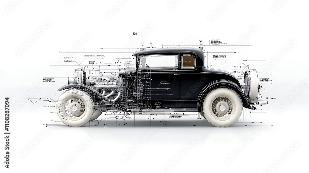 Blueprint of a vintage car with close-up details of the engine parts ...