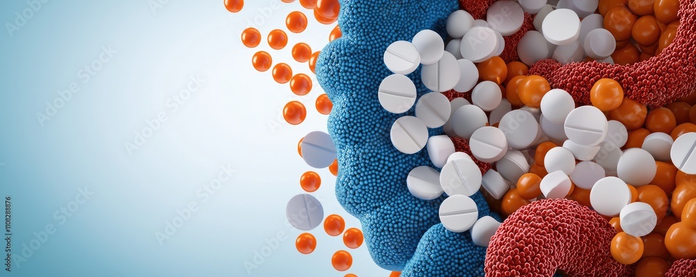 Colorful clusters of pills and molecules represent pharmaceutical ...