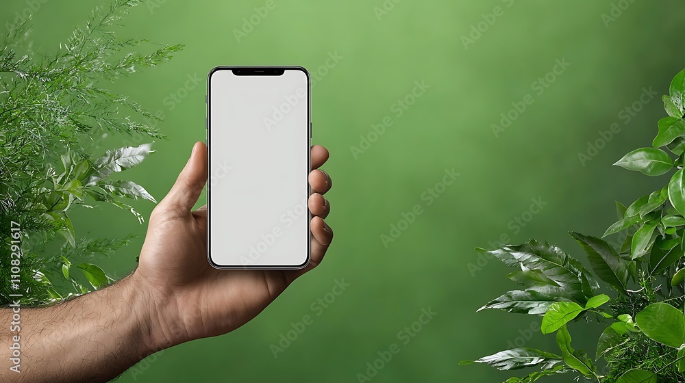 A stylish depiction of a hand holding a blank phone screen, bathed in ...