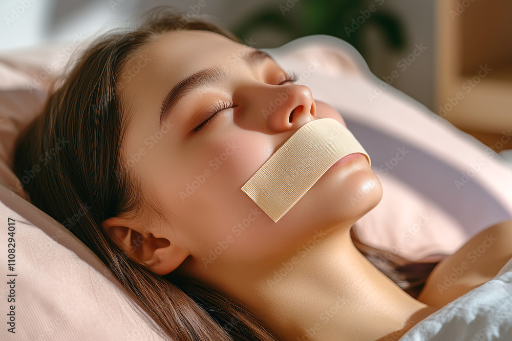 Young woman peacefully sleeping in a cozy bedroom, her mouth taped for ...