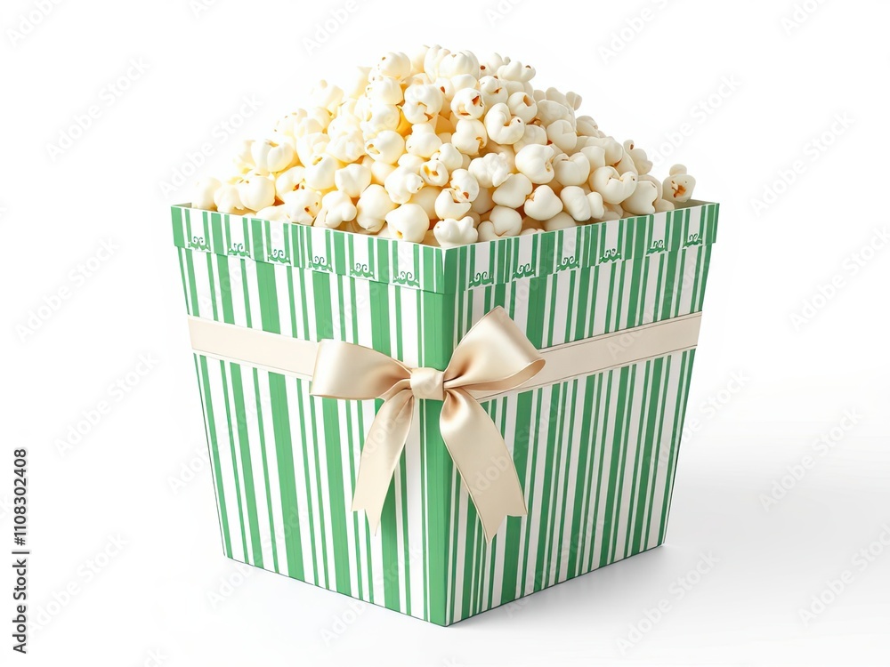 Green and white striped box with a ribbon tied around it filled with ...