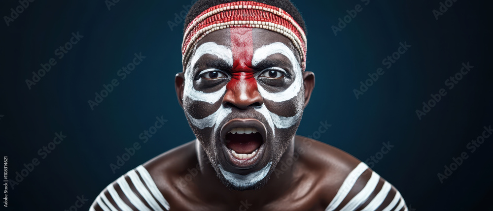 man with traditional tribal markings expresses strong emotions ...