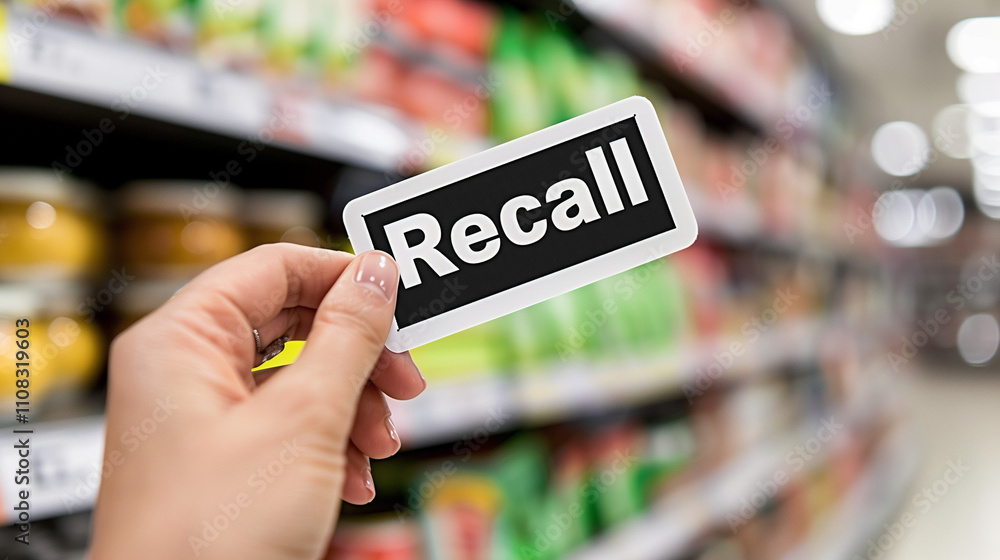 Hand holding a "Recall" sticker on a packaged food item, highlighting ...