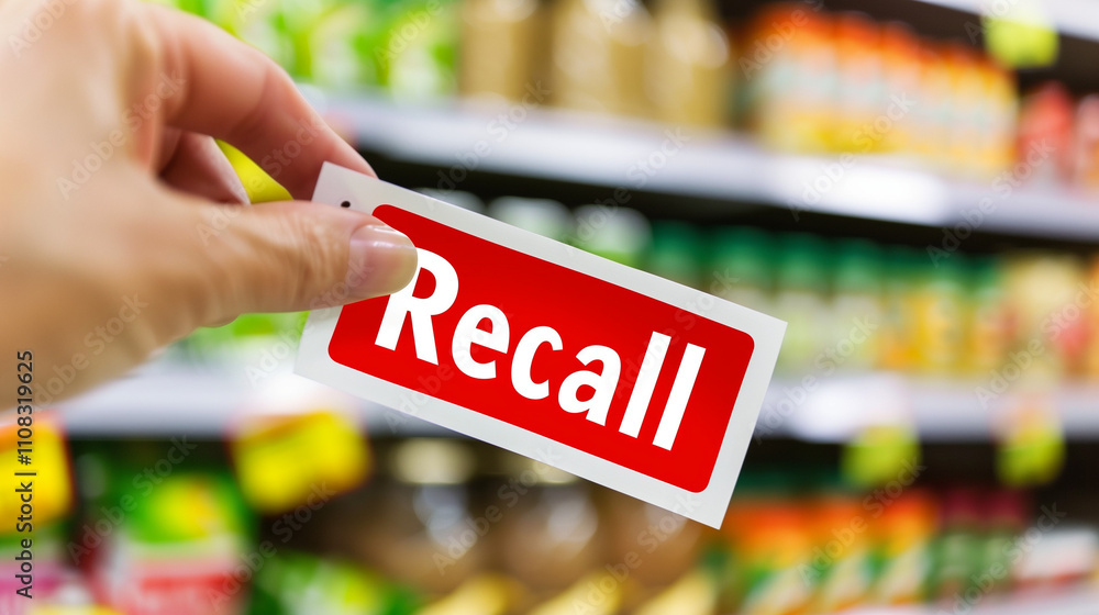 Hand holding a "Recall" sticker on a packaged food item, highlighting ...