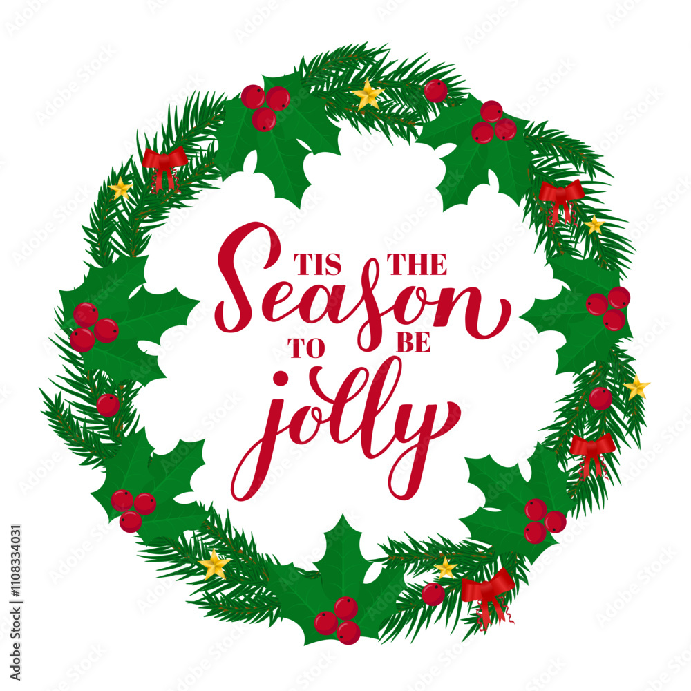 Tis the season to be jolly calligraphy hand lettering with wreath of ...
