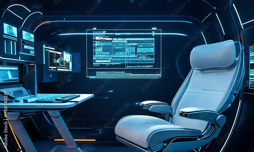Futuristic Workspace with High-Tech Desk and Ergonomic Chair Surrounded ...