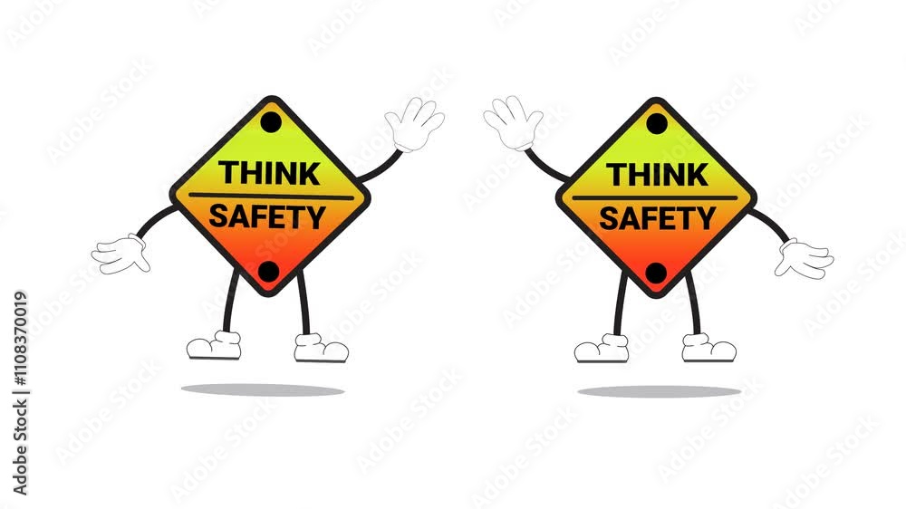 Animated Think Safety sign with cartoon characters, ideal for promoting workplace safety, school ...