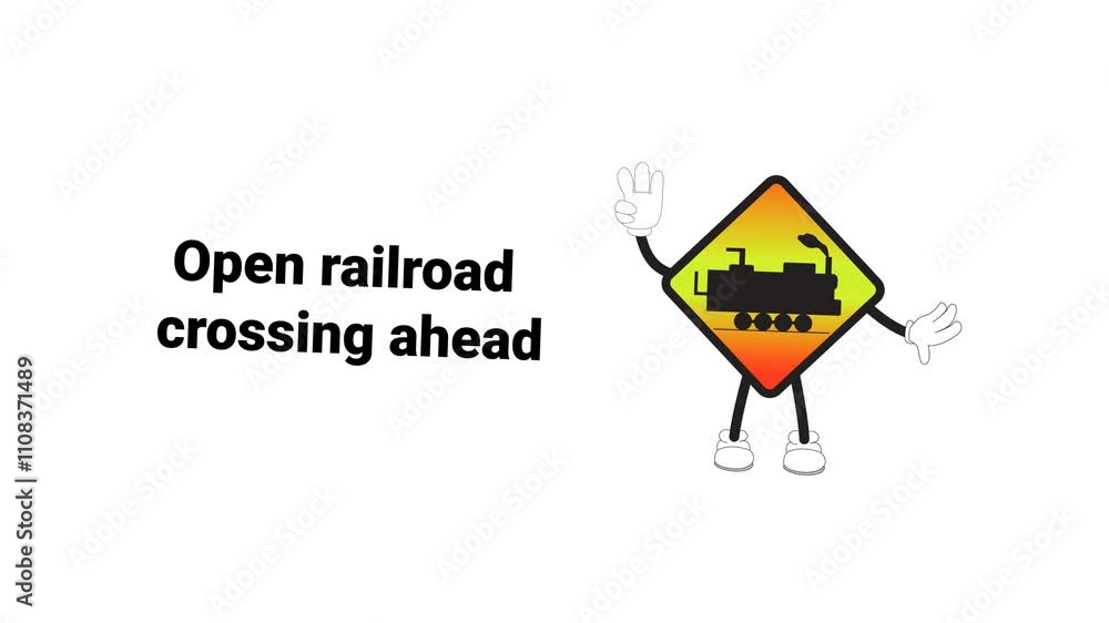 Animated open railroad crossing ahead sign with cartoon characters ...