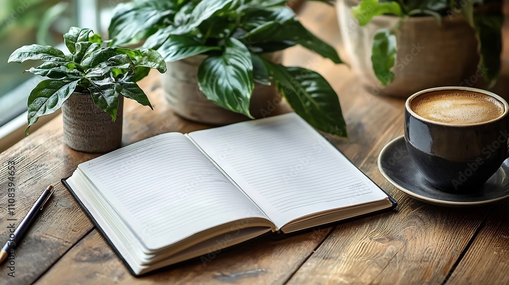 Balanced daily planner layout with coffee mug and open journal on a ...