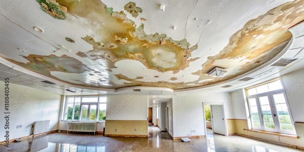 Water Damaged Ceiling Panoramic Repair, Ceiling Water Stain, Leaking ...