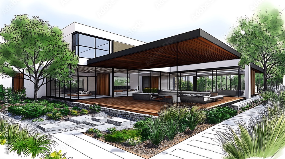 Modern Ranch House Architectural Rendering: Sun-Drenched Patio Design ...