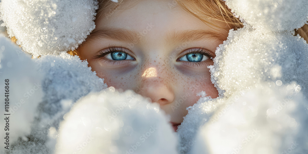 A young girl with blue eyes, wearing winter , peeks out from behind ...