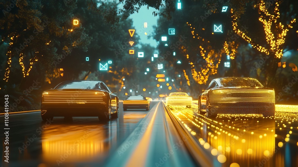 Cars driving on the street and painted symbols to represent technology ...