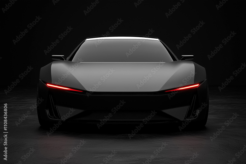 front view of a gray futuristic electric sports car isolated on a dark ...
