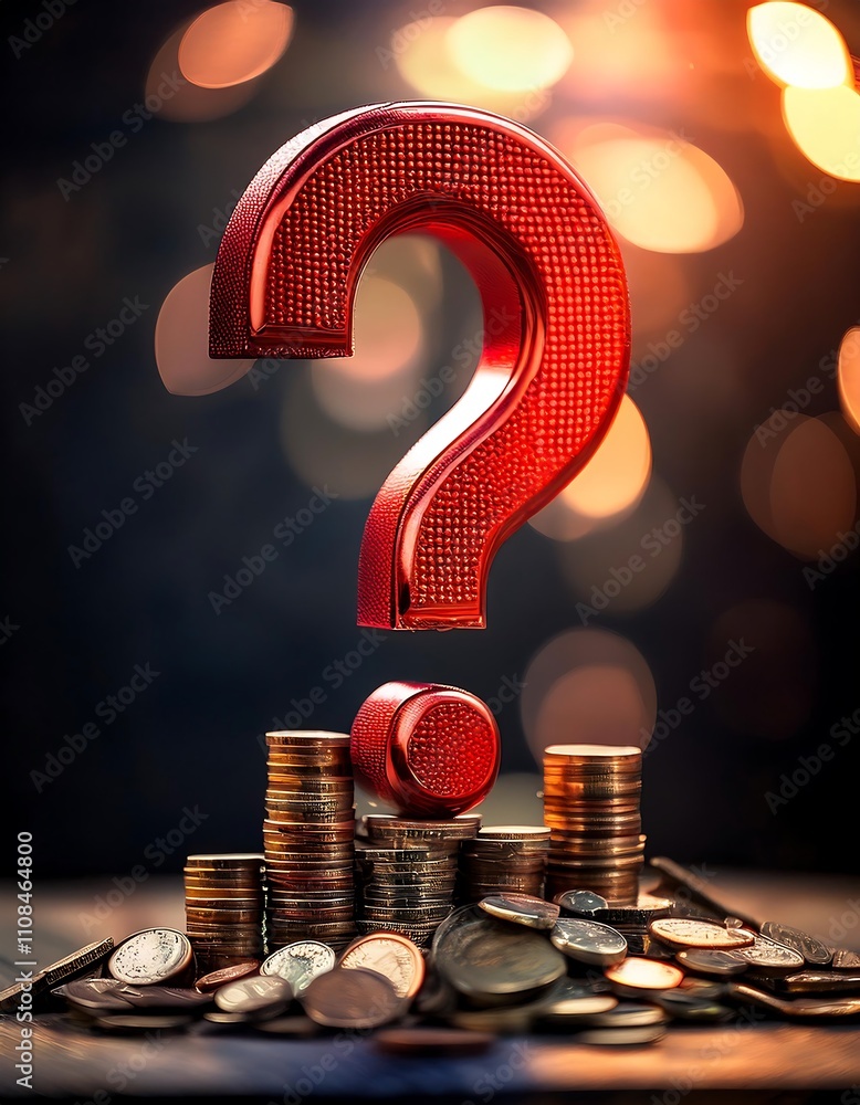 red question mark is placed by a pile of coins, symbolizing questions ...