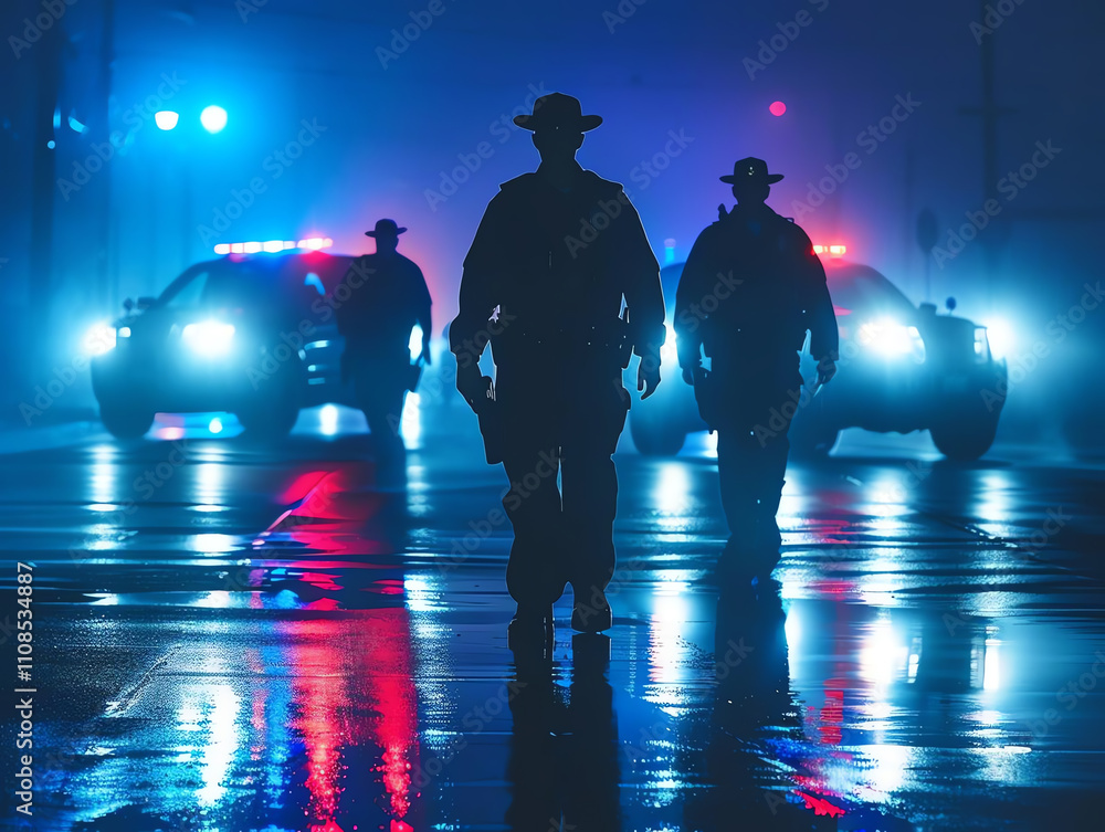 Silhouetted police officers walk toward the camera amidst fog and ...