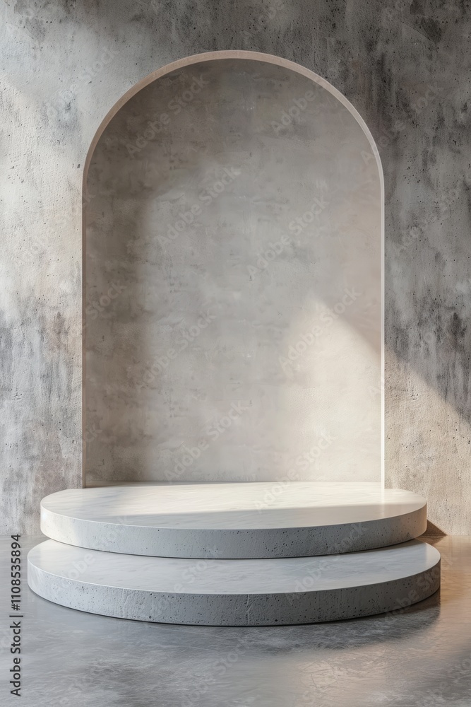 A minimalist concrete archway with a two-tiered platform in a modern ...