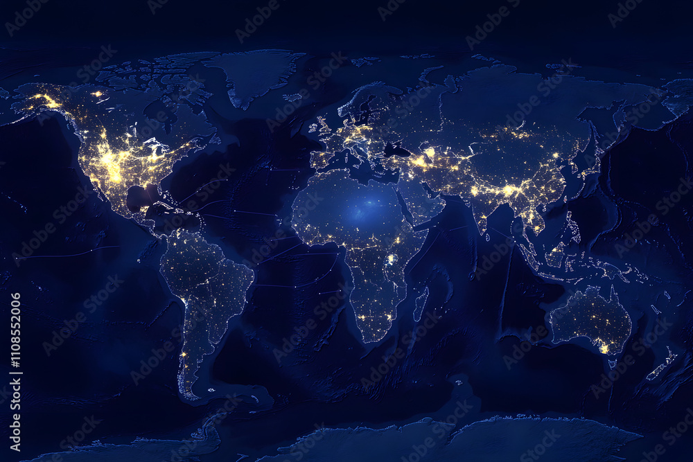World map night view, glowing city lights satellite image, illuminated ...