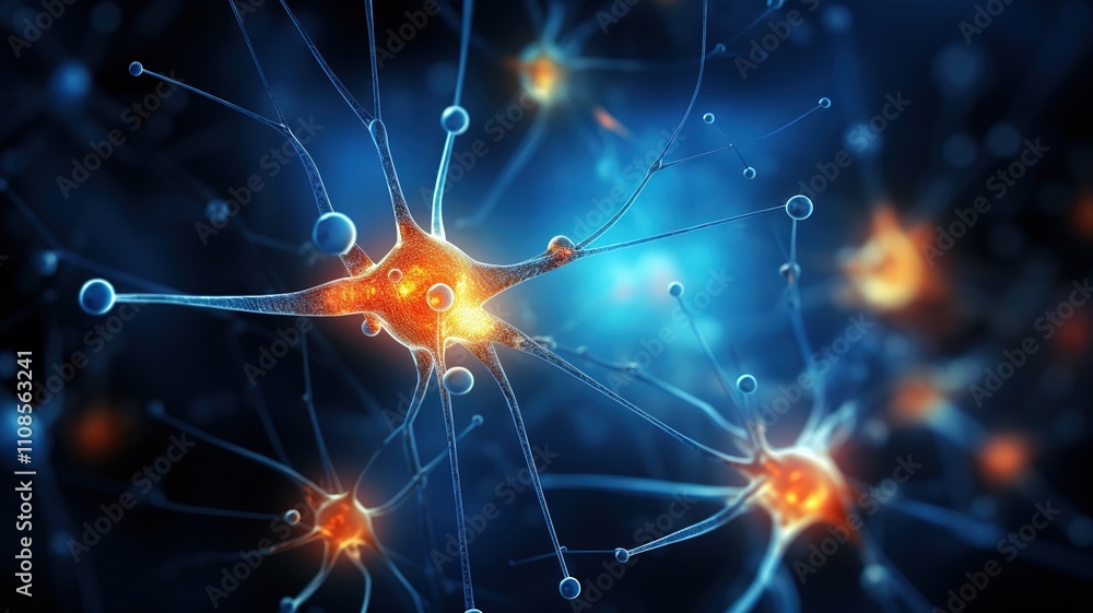 A vivid, artistic rendering of the human brain's neuron system, with ...