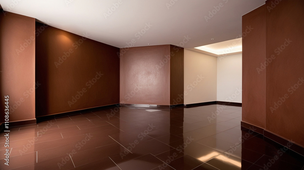 Brown empty studio room interior design, brown walls and corner, tiled ...