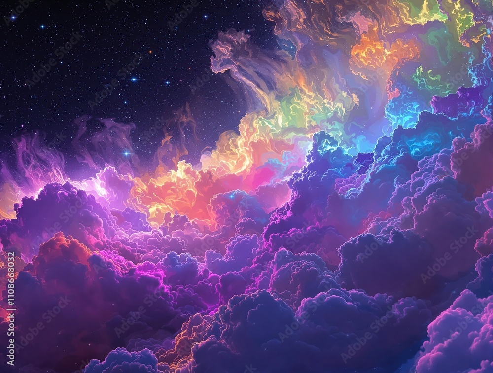 Rainbow colored aether and swirling clouds of gas in space, astronomical background, rainbow ...