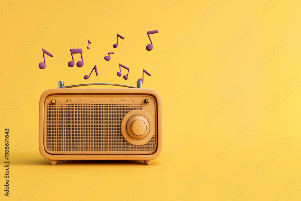 old radio surrounded by floating music notes, evoking nostalgia and the ...