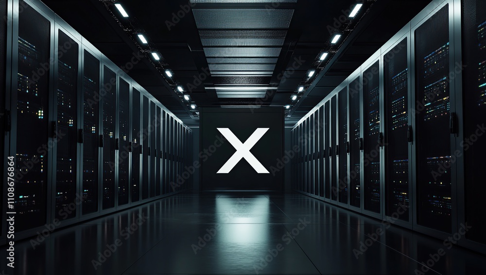 Modern Data Center Server Room Interior Design with Illuminated X Logo ...