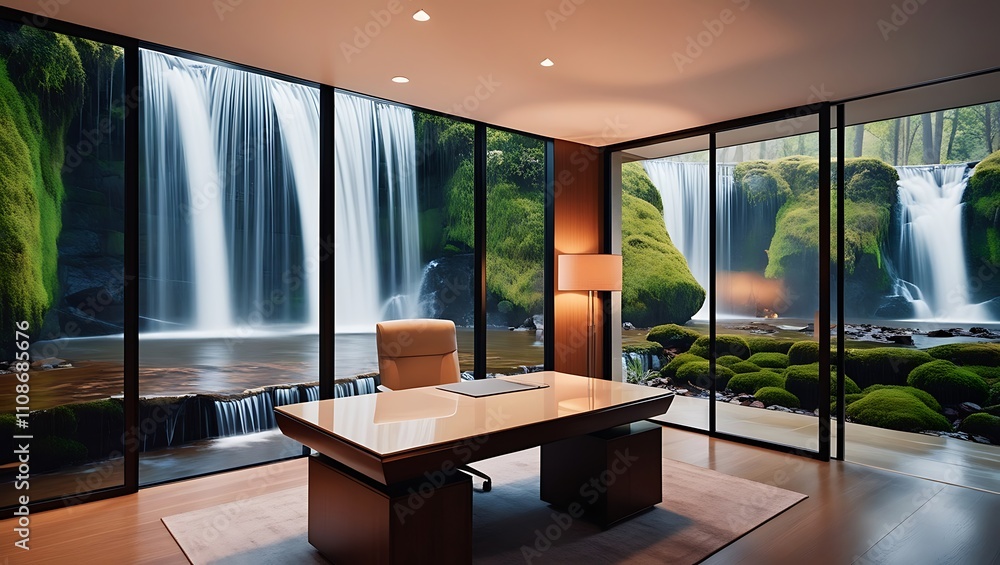 This stunning 8K image features a modern office with a wall of glass ...