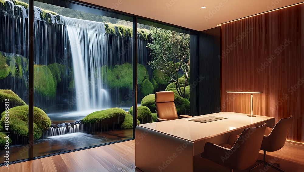 This stunning 8K image features a modern office with a wall of glass ...