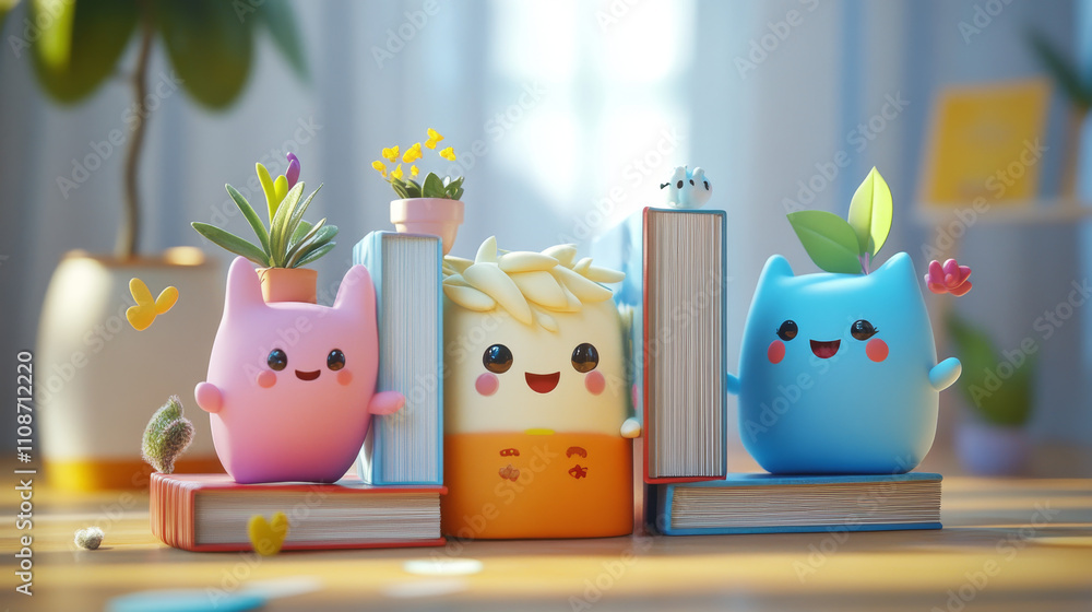 Emoji icons with books characters. Different emotions of paper books ...