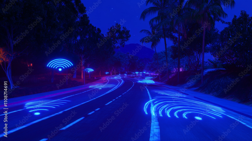 Wi-Fi light effect, blue neon signal sensor waves internet wireless ...