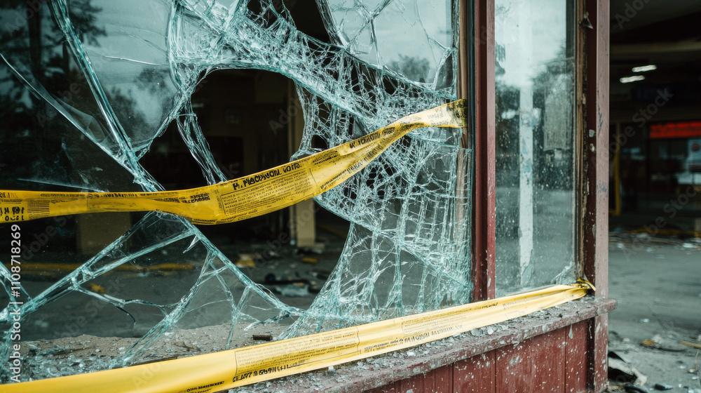 Broken glass store front door and window vector. Office or shop ...