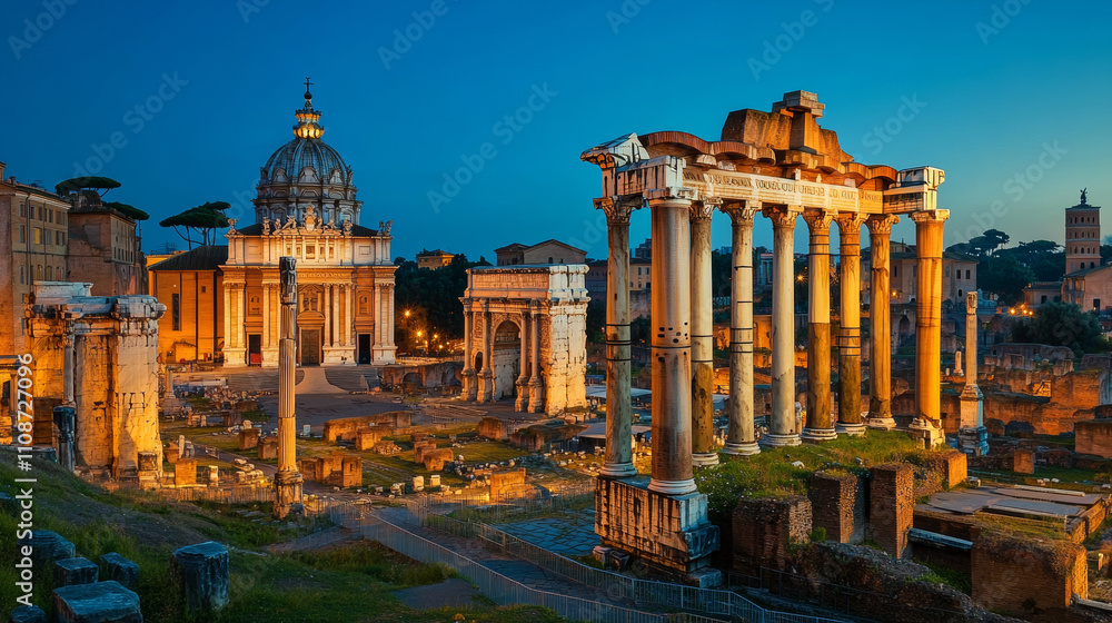 Rome isometric landscape with antique building vector night cartoon ...