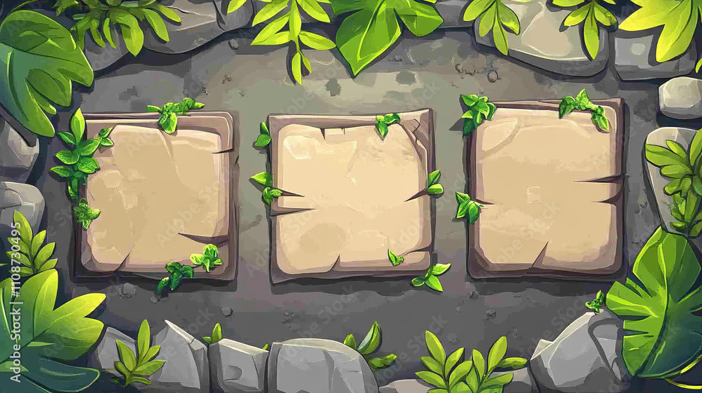 Stone game ui elements with jungle plant leaves and liana vines. Cartoon vector set of rock ...