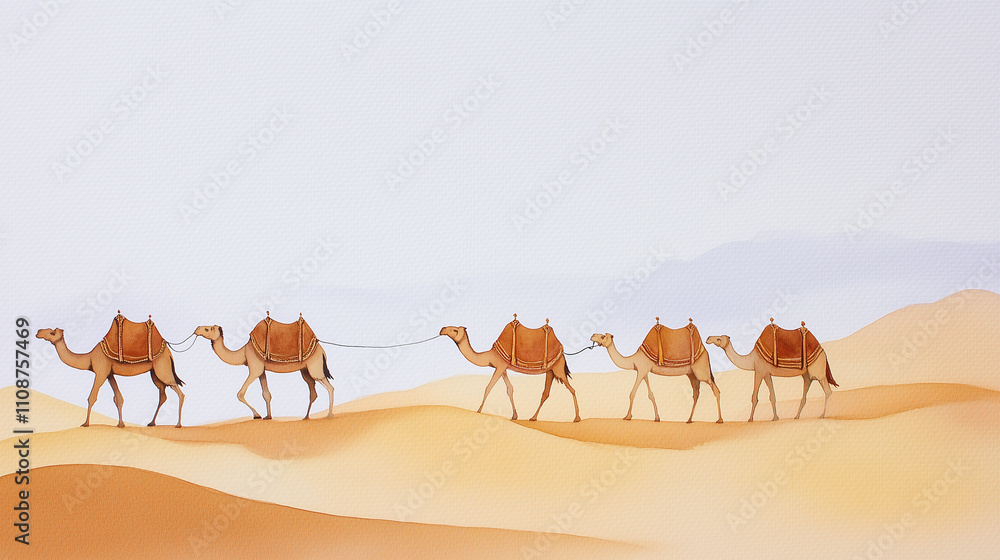 Majestic Watercolor Painting of Magi Leading Camel Caravan Through ...