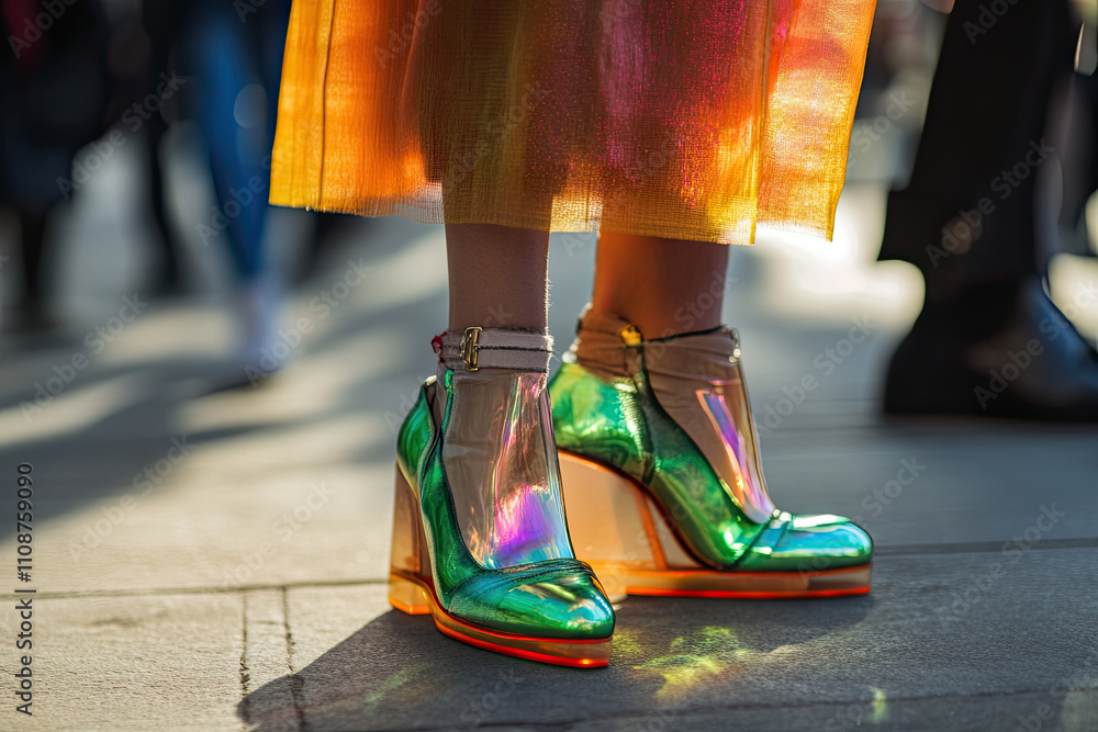Woman poses for photographers with iridescent green and orange shoes ...