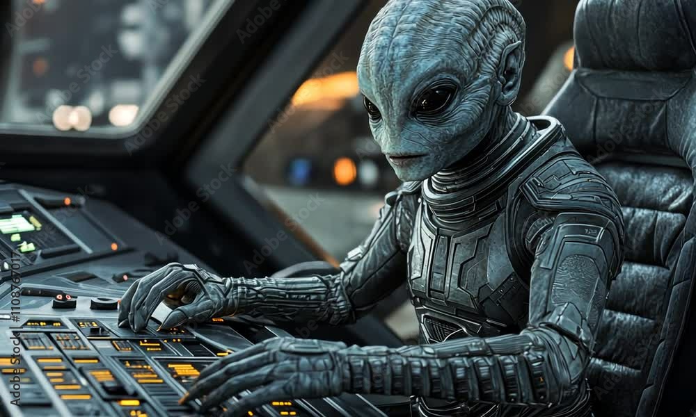 Alien Entity Operating Control Panel Inside a Futuristic Starship ...