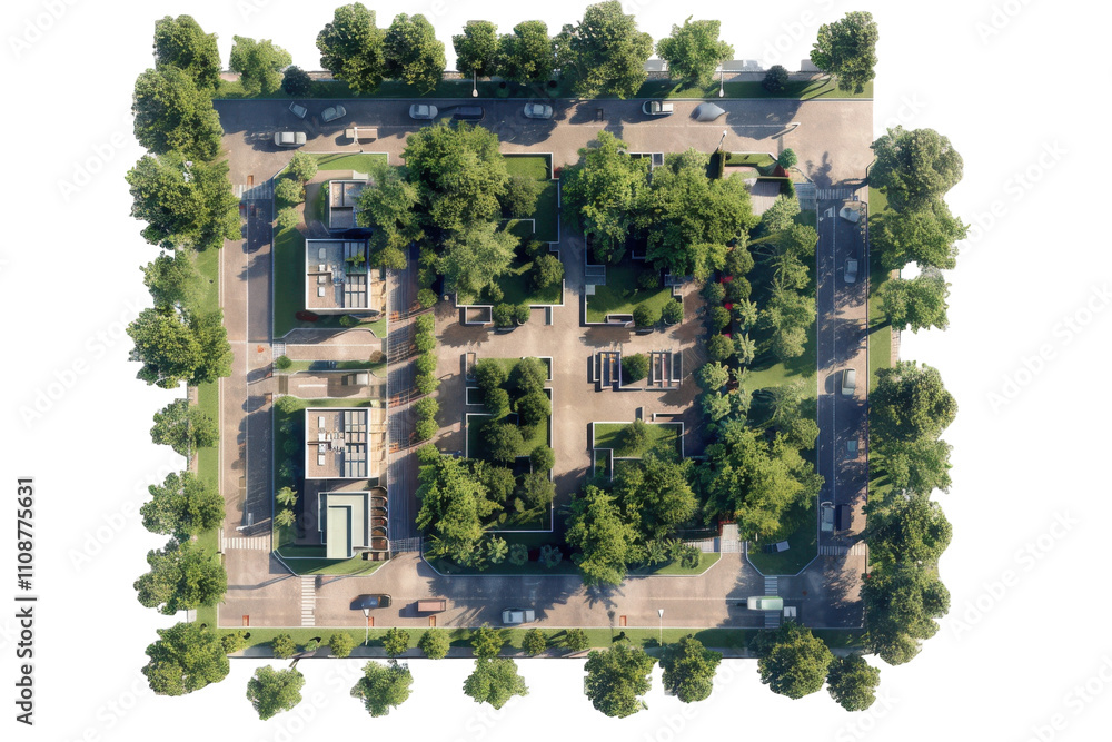 Urban park design featuring green spaces, pathways, and seating areas ...