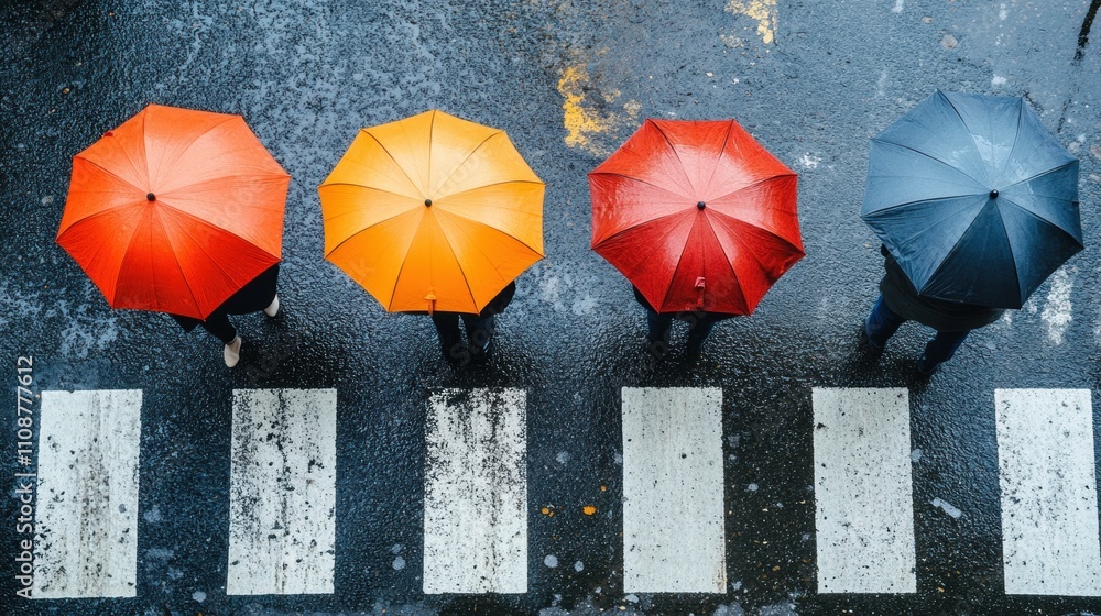 Overhead view of four people with colorful umbrellas crossing a rain ...